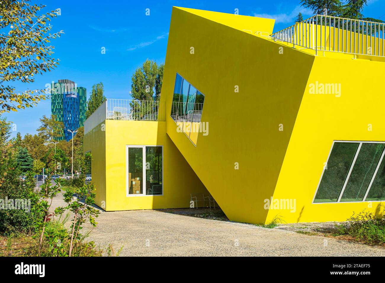 Albania, Tirana, multicolored cubes that are part of the Pyramid, a ...