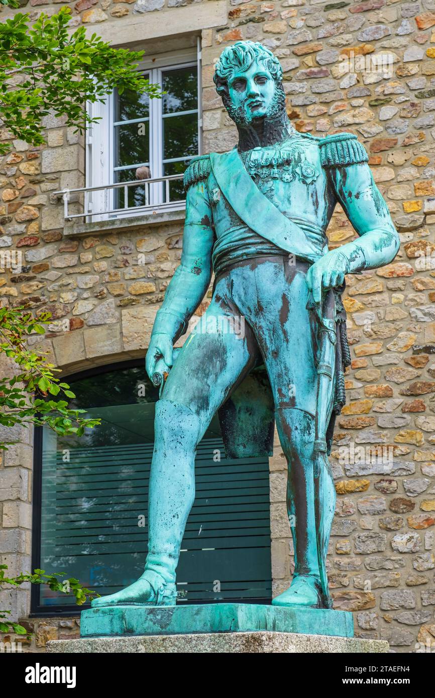 France, Manche, Cotentin, Bricquebec, statue of General Jean Le Marois ...