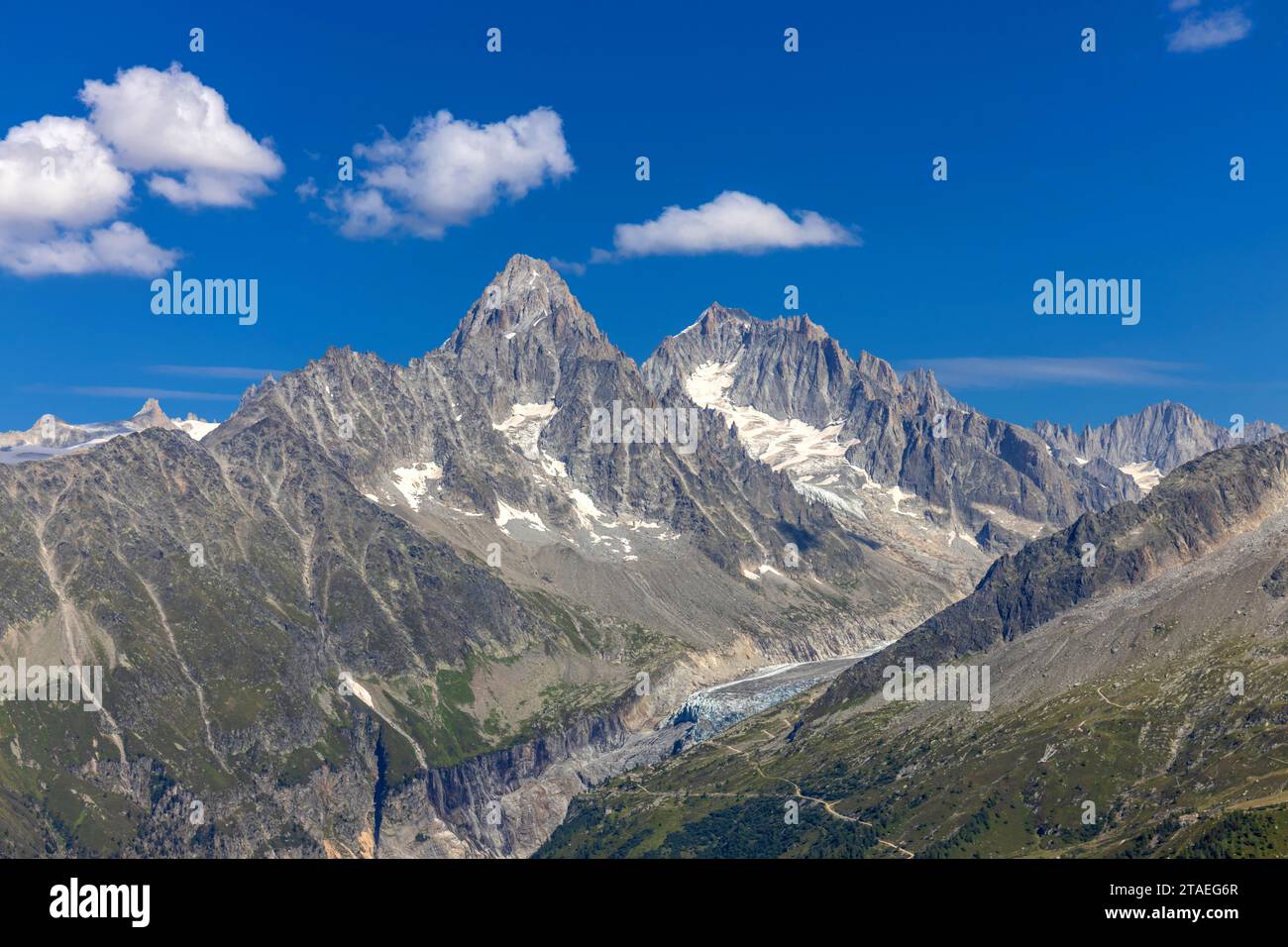 Chamonix valley mountain landscape. Aiguilles du Chamonix rocky peaks ...