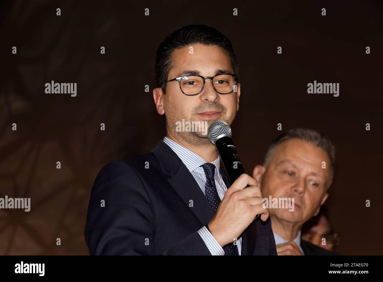 Montevrain, France. 29th Nov, 2023. Deputy Hadrien Ghomi speaks during ...