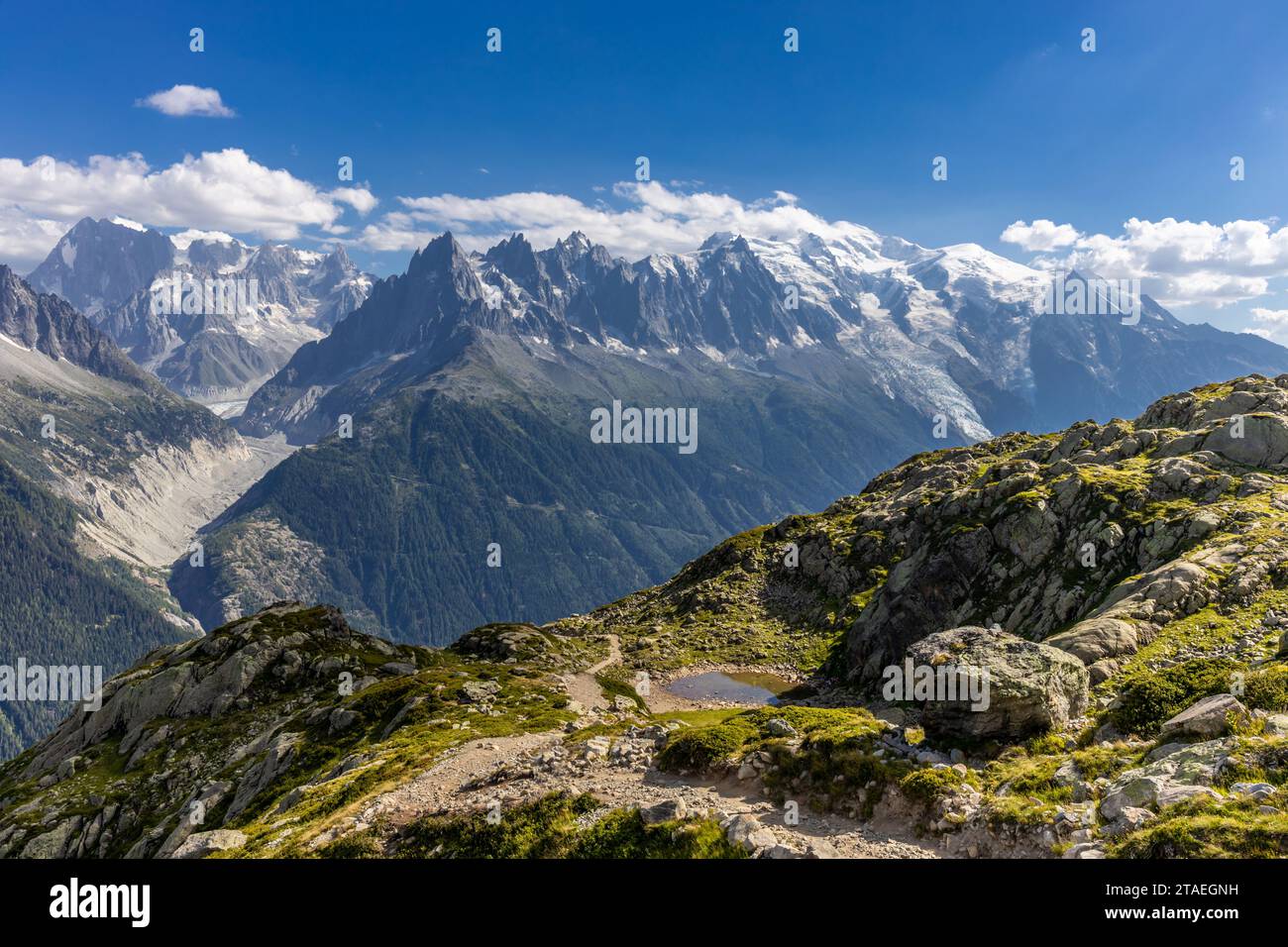 Chamonix valley mountain landscape. Aiguilles du Chamonix rocky peaks ...