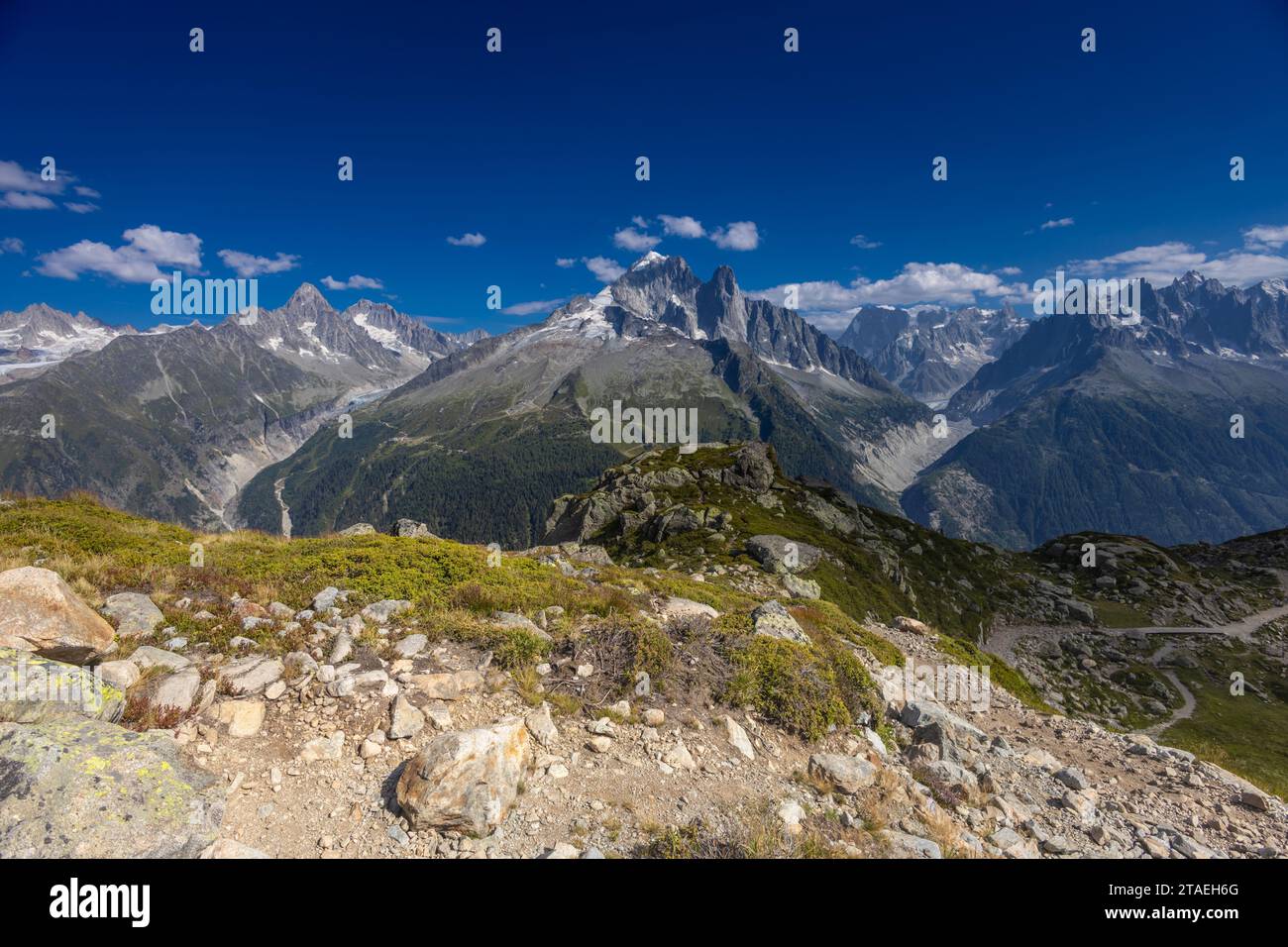 Chamonix valley mountain landscape. Aiguilles du Chamonix rocky peaks ...