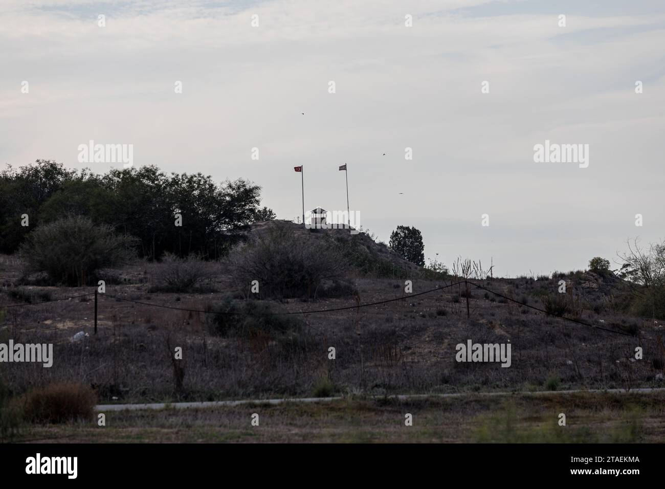 A Tukish army outpost is seen behind the buffer zone, Nicosia, Cyprus ...