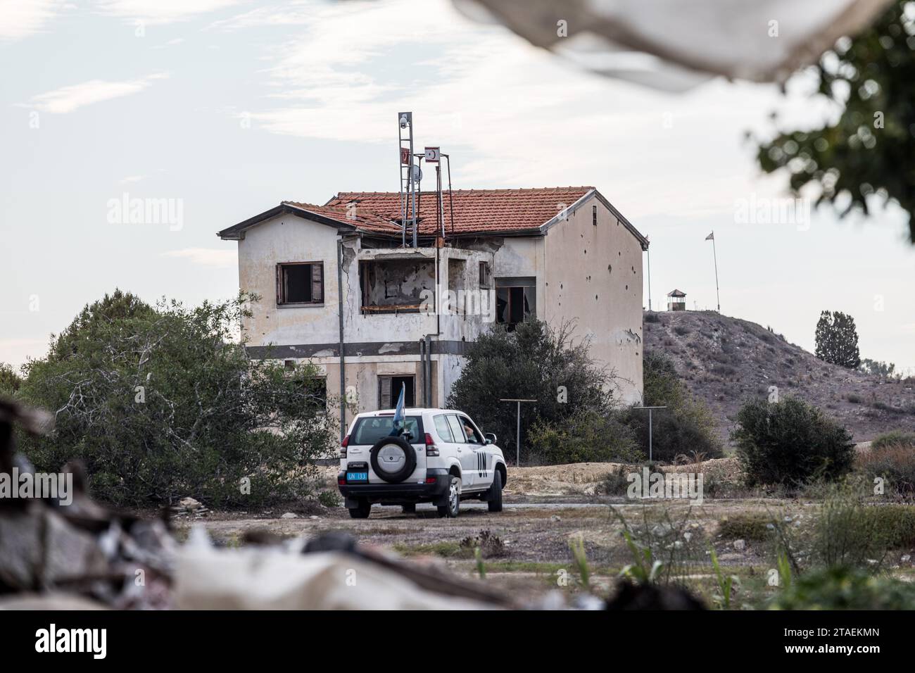The "house of Christalla" and a UN vehicle are seen inside the buffer ...
