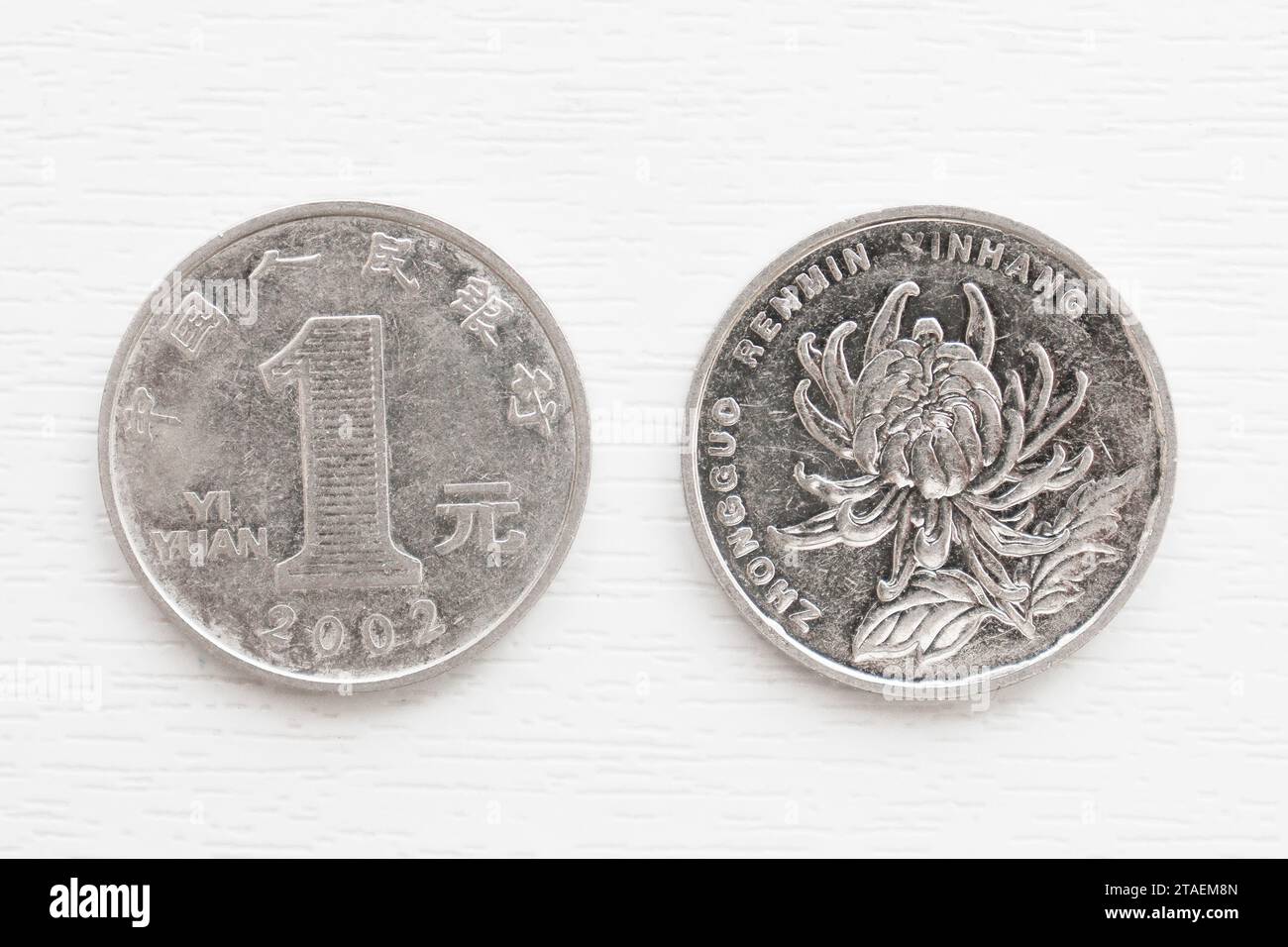 Two 1 metal yuan coins on a white background. Yuan coins with different ...