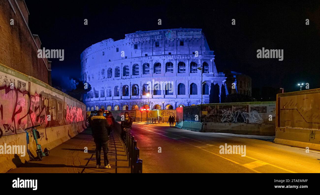 Rome coliseum facade with blue light projection to commemorate ...