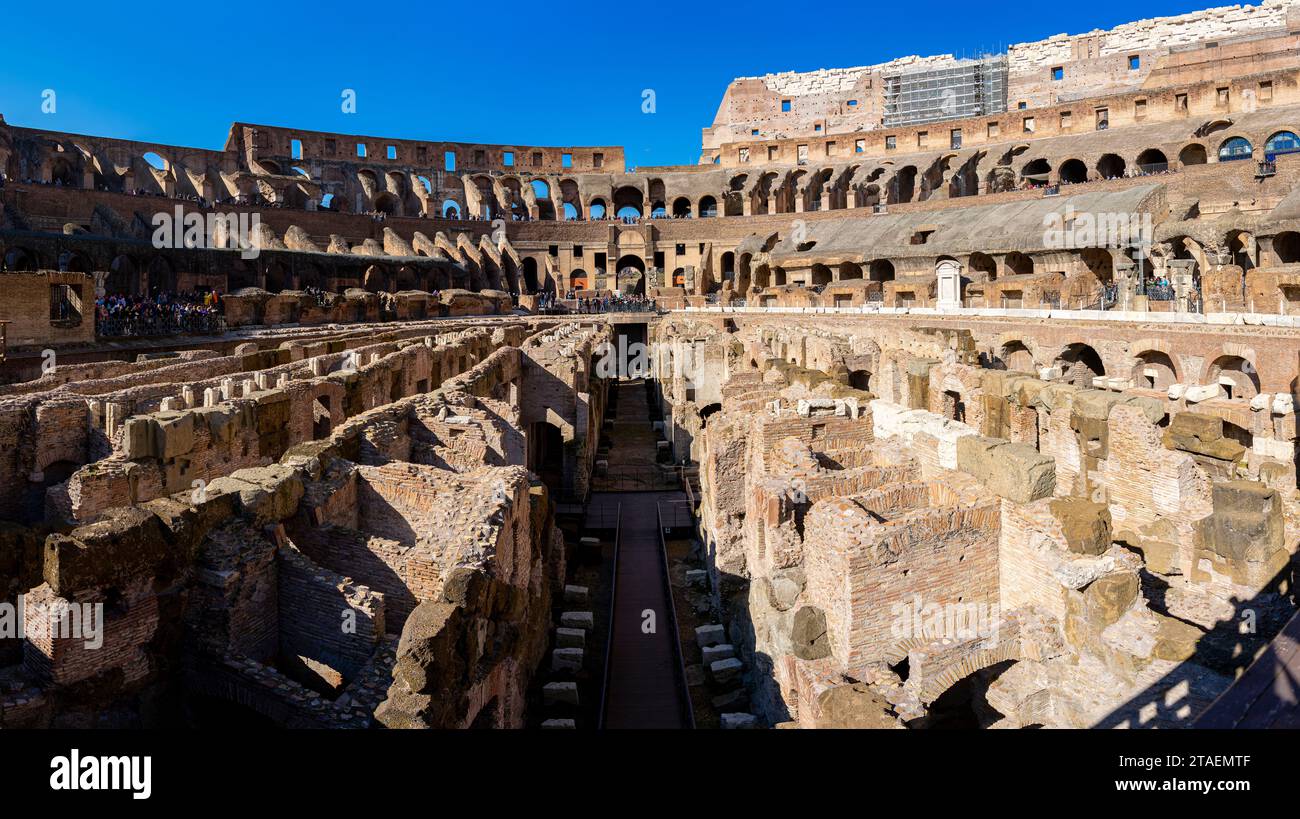 Ruins of the background of the arena of the coliseum in Rome seen from ...