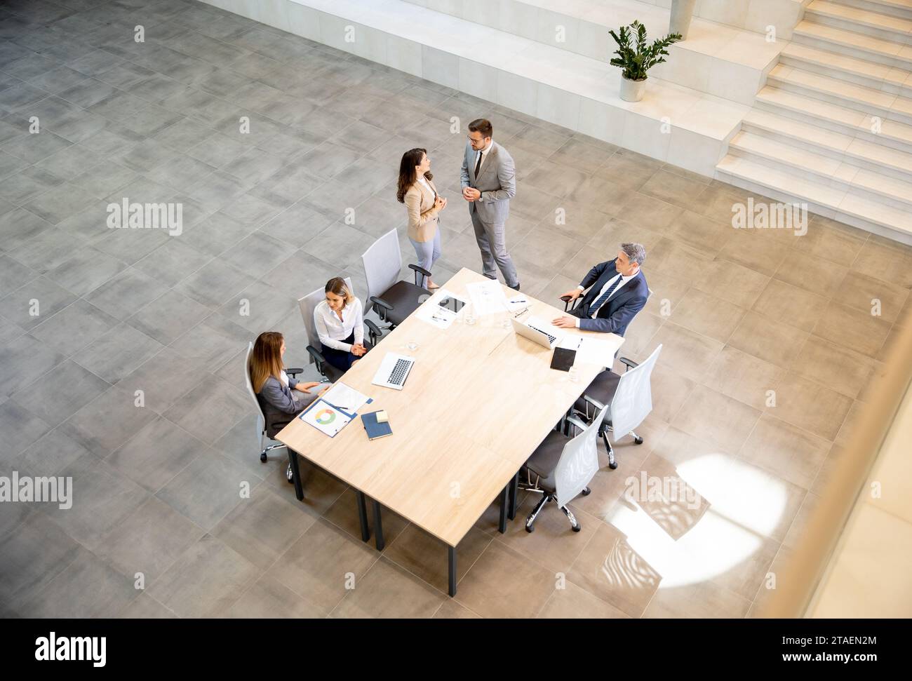 Aerial view young startup team working in the modern office Stock Photo ...