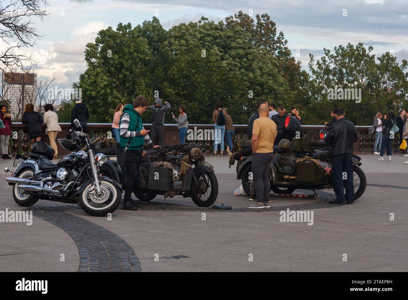 Moscow, Russia - july 20, 2019- Military reenactors on motorcycles with ...