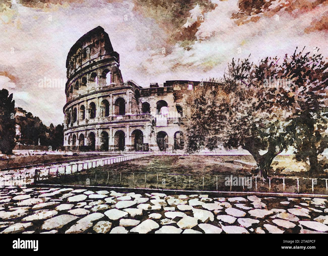 Rome, Italy - Sunset behind the Colosseum - Creative illustration ...
