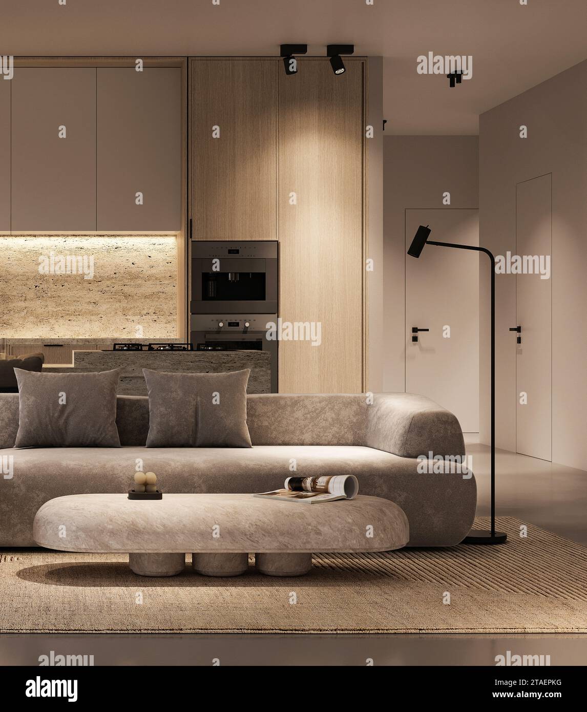 Modern living room with sleek sofa and integrated kitchen elegant ...