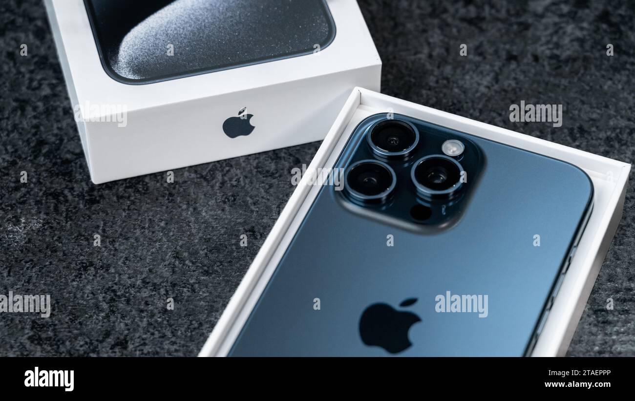 Jurmala, Latvia - 30 11 2023: Close-up box and new smarphone apple ...