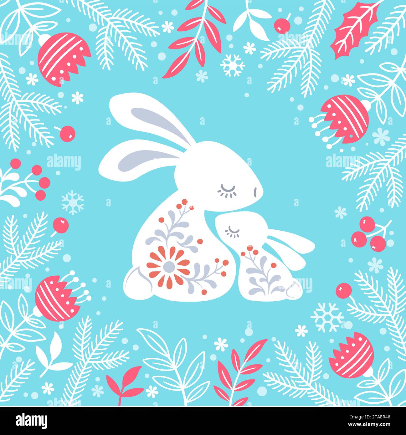 Hand drawn silhouette of family rabbits among flowers in Scandinavian ...