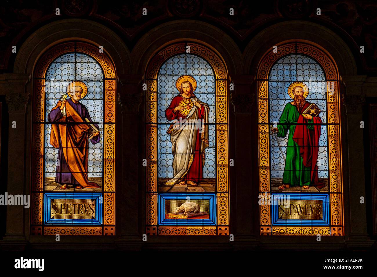 interior of the nave of the Basilica sacro cuore, 3 stained glass ...