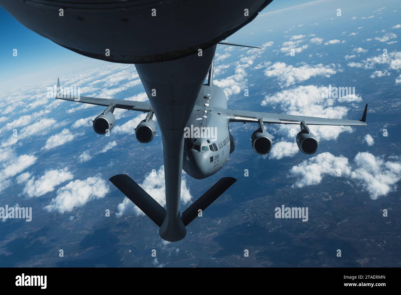 A C-17 Globemaster III approaches a KC-135 over the Southeastern United ...