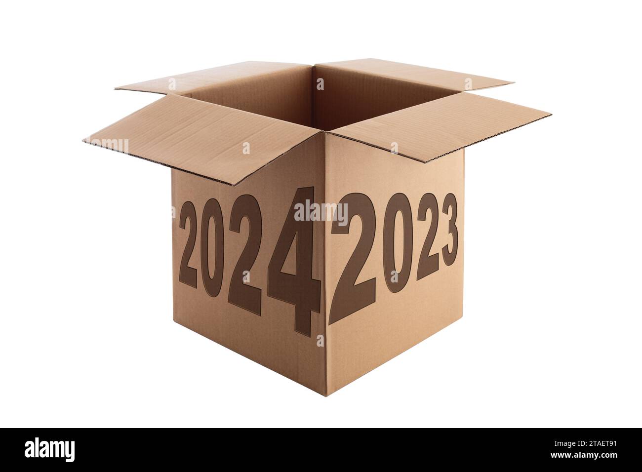 Happy New Year 2024 concept, lettering on the Open Cardboard box ...