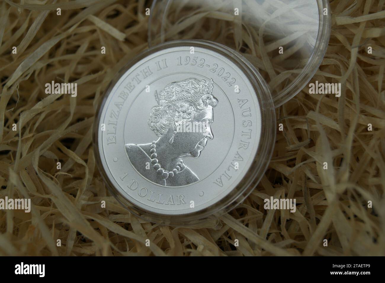 A commemorative coin of Queen Elizabeth II 1952- 2022. A pure silver ...