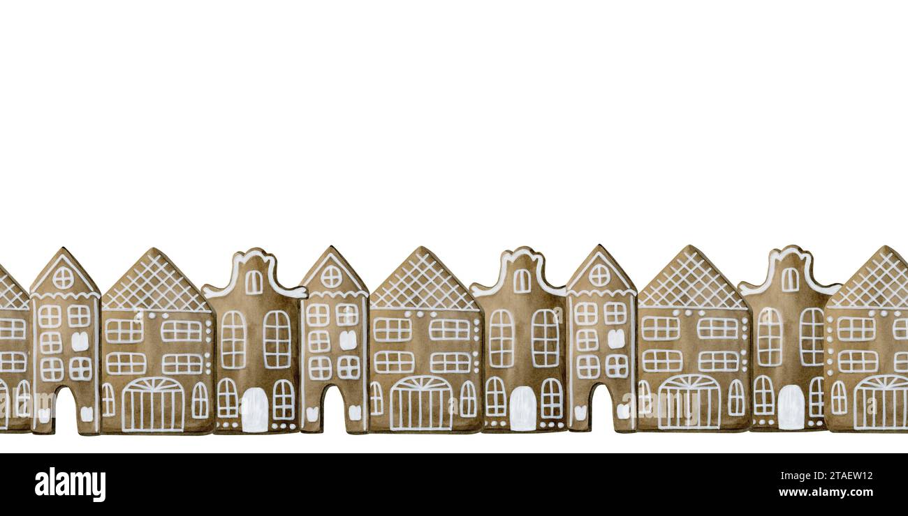 Gingerbread houses with white icing. Seamless hand painted watercolor ...