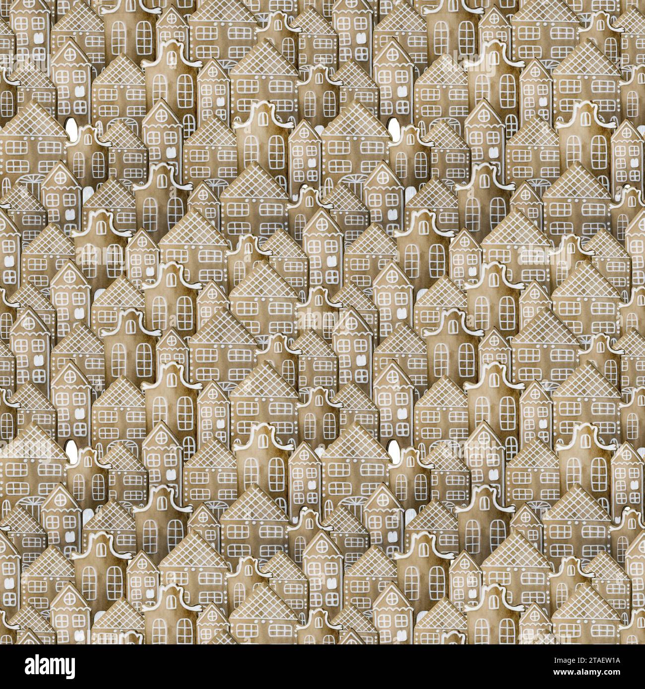 Watercolor seamless pattern with gingerbread houses. Christmas winter ...