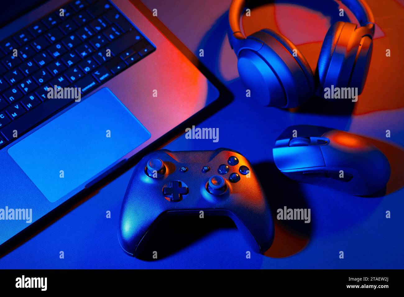 Computer keyboard, mouse and joystick on black background Stock Photo ...