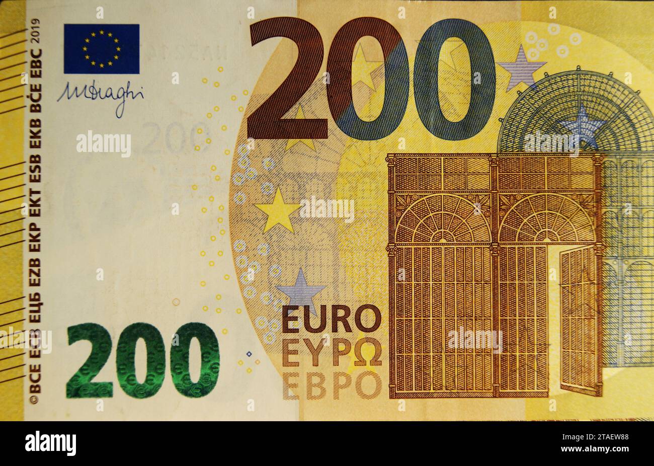 Front Part Of 200 Euro Banknote Close up With Small Details European Front Part Of 200 Euro Banknote Close up With Small Details European