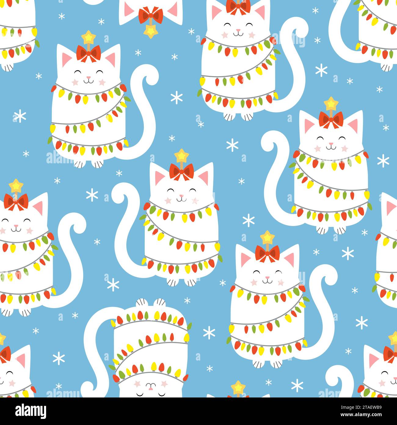 amless pattern with white cats and garlands on a blue background. For ...