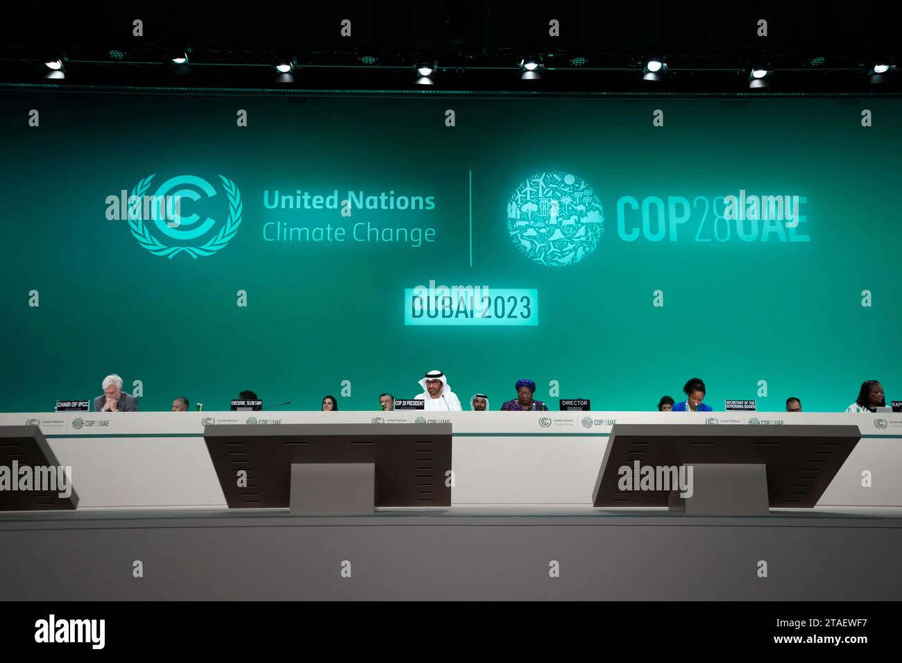FILE - COP28 President Sultan al-Jaber, center, attends the opening session at the COP28 U.N ...