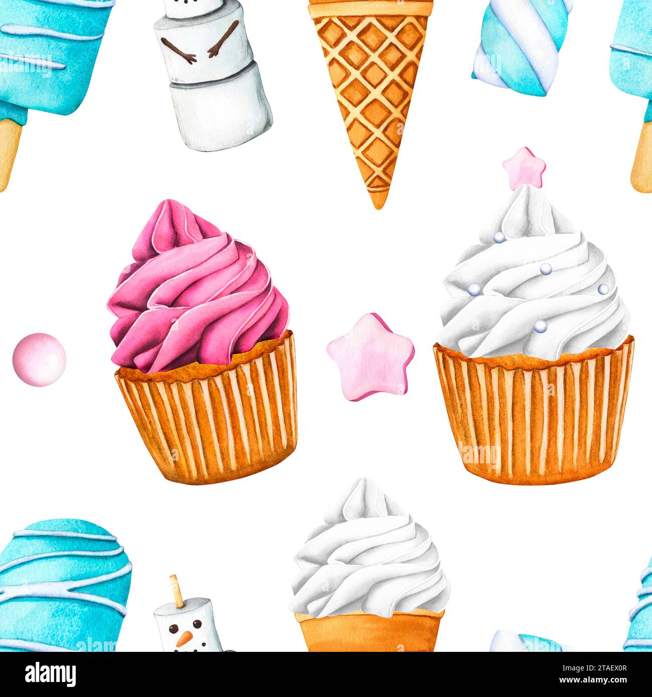 Seamless pattern with cupcake pink and white cream, ice creams. Sweet ...