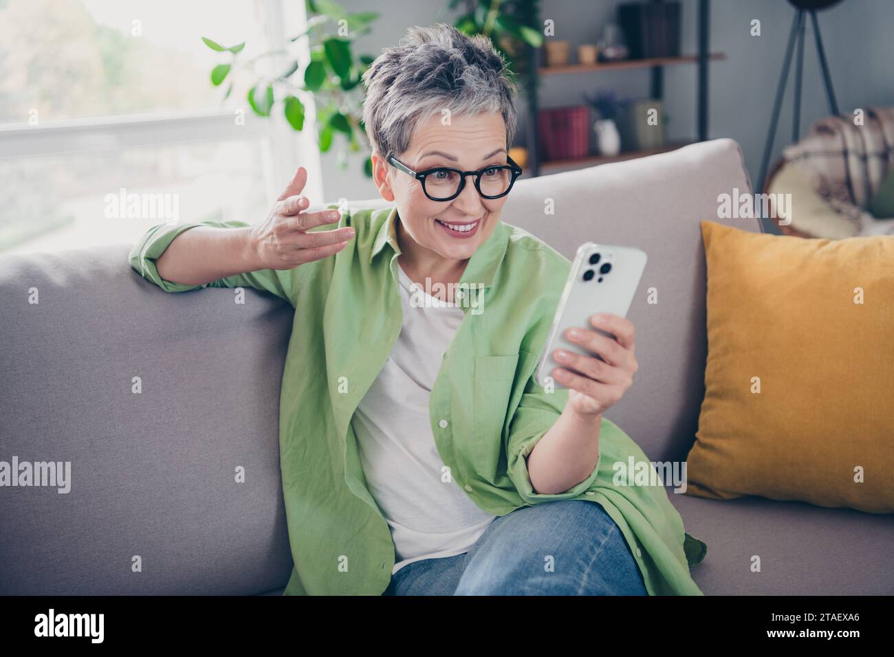 Photo of smile happy talking businesswoman using smartphone receive ...