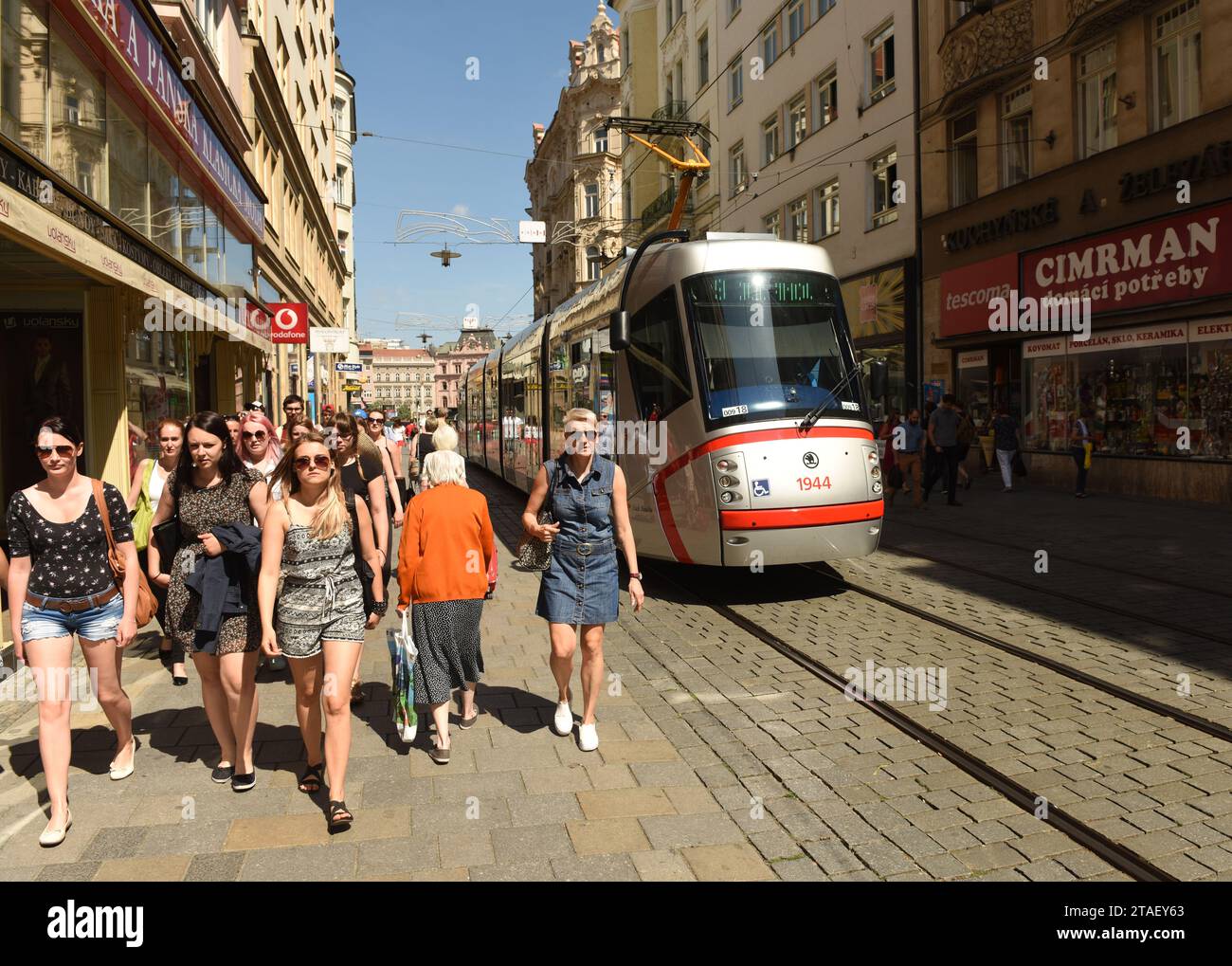 Brno, Czech Republic - June 01, 2017: People and tram in street of Brno ...