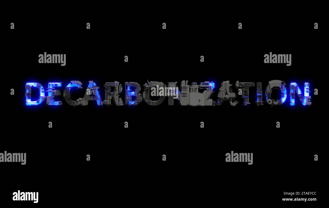 modern cybernetic text DECARBONIZATION shining blue electrical light ...
