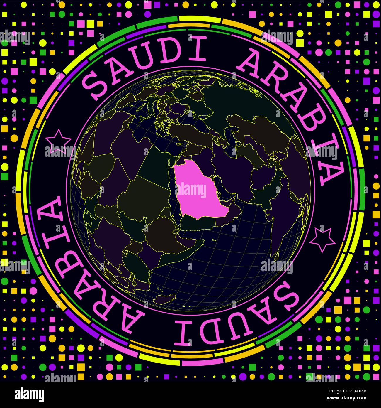 Futuristic Saudi Arabia on globe. Bright neon satellite view of the ...