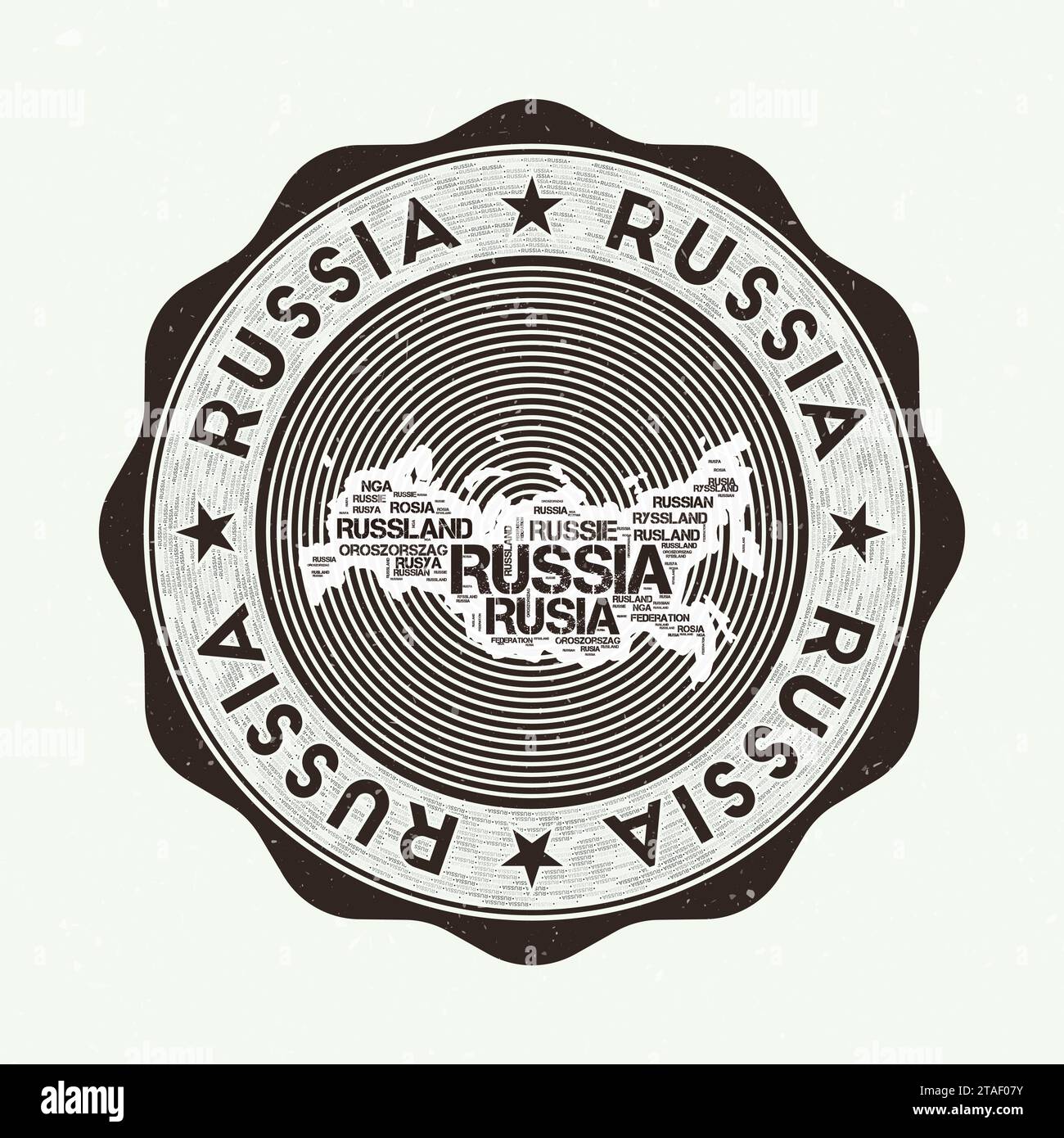 Russia seal. Country round logo with shape of Russia and country name ...