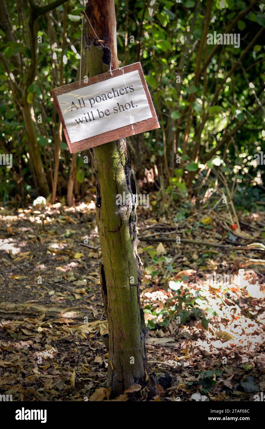 humerous warning sign in private woodland Stock Photo - Alamy