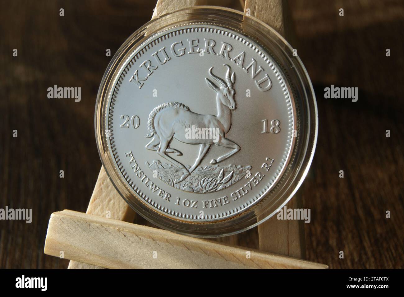 Silver investment coin in capsule. Silver Krugerrand 1 Rand 2018 South ...