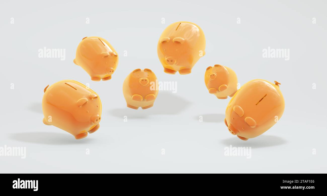 Six Yellow Ceramic Pigs in the Shape of Money Boxes for Coins on Soft ...