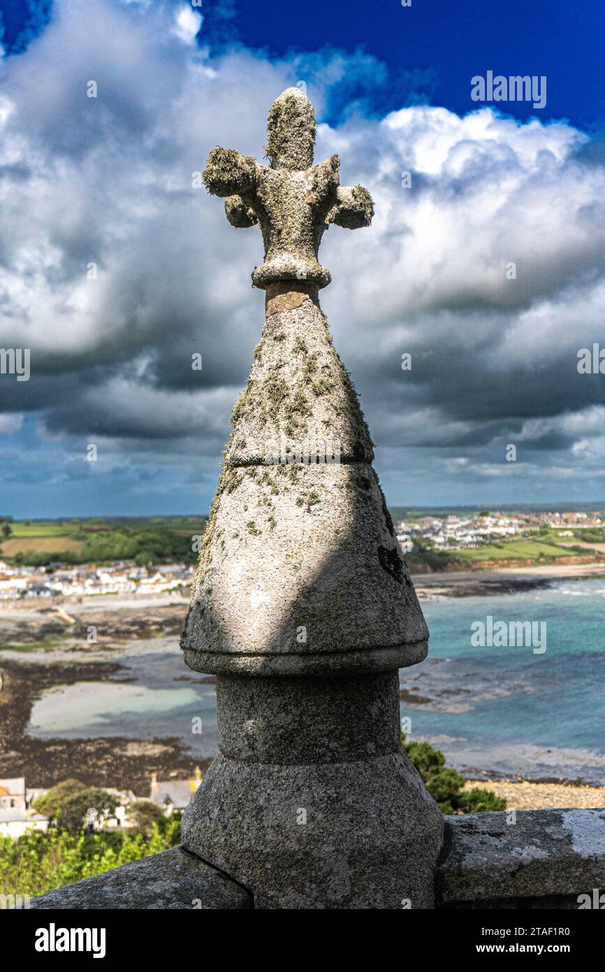 Stone cross finial atop the castle on St. Michaels Mount, Marazion ...