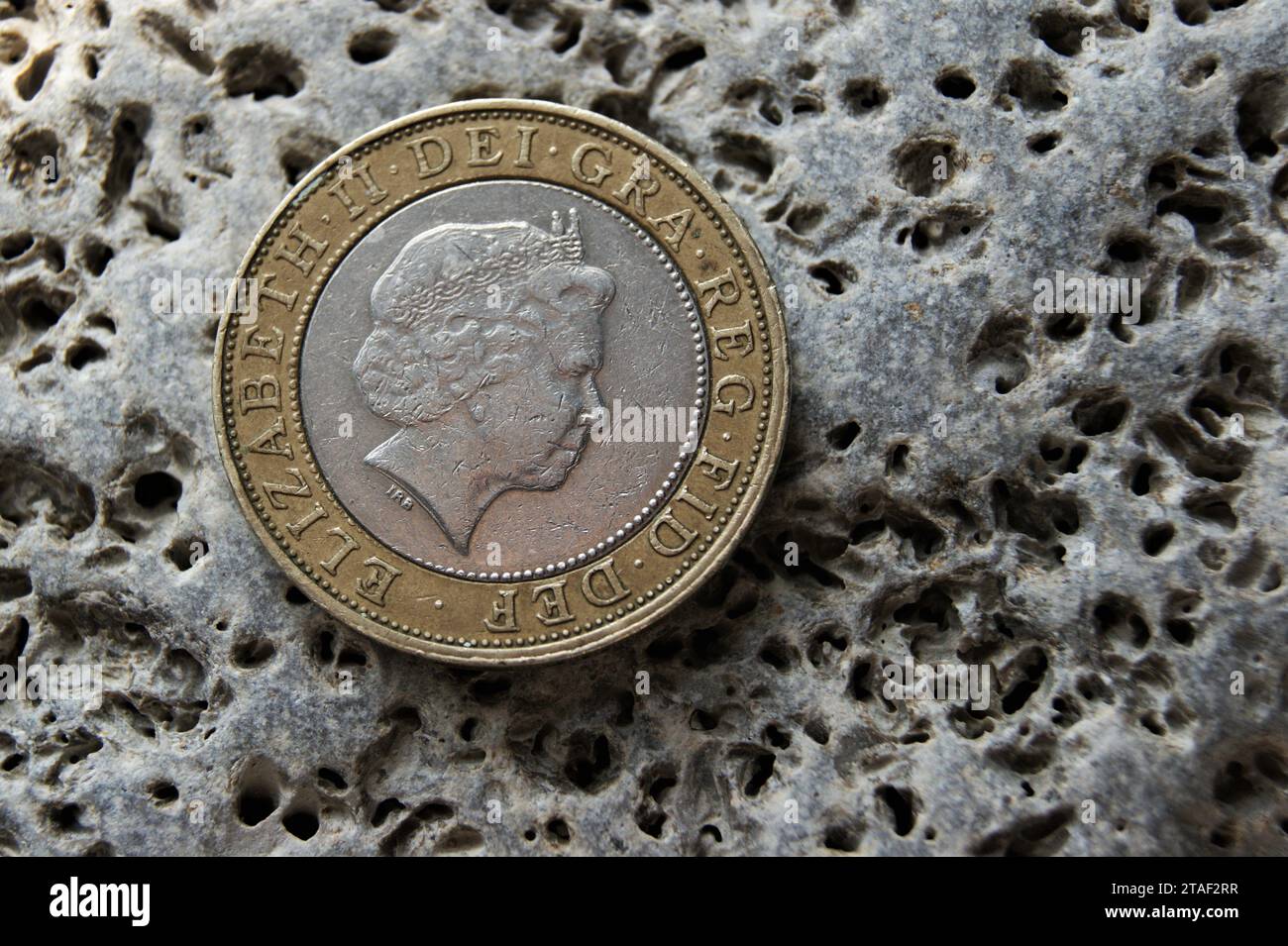 A bimetallic coin of the United Kingdom 2 Pound. Portrait of Queen ...