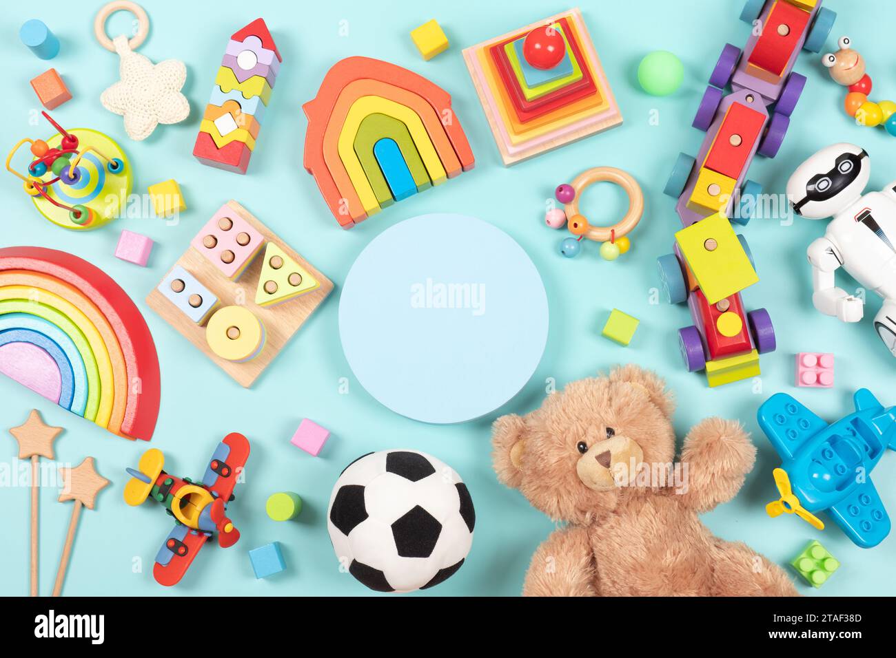 Empty round platform podium stand, with teddy bear, robot and many ...