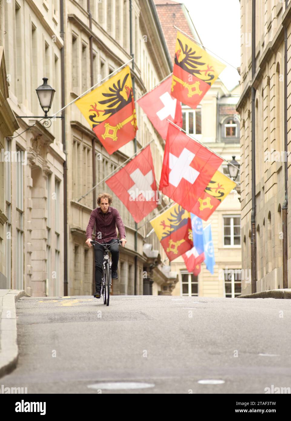 Geneva, Switzerland - June 05, 2017: Swiss Flag and Flag of Geneva on ...