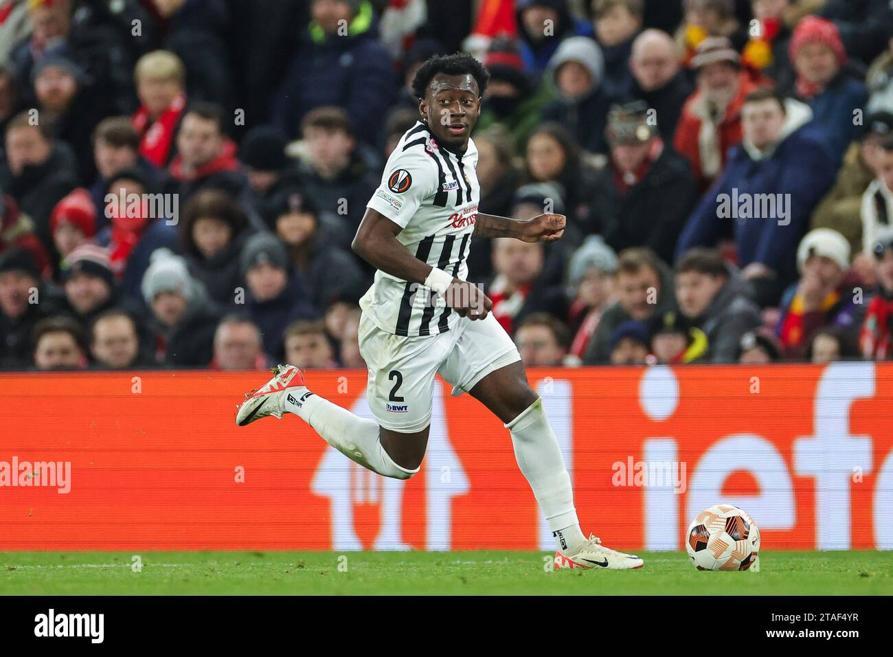 George Bello #2 of LASK makes a break with the ball during the UEFA ...