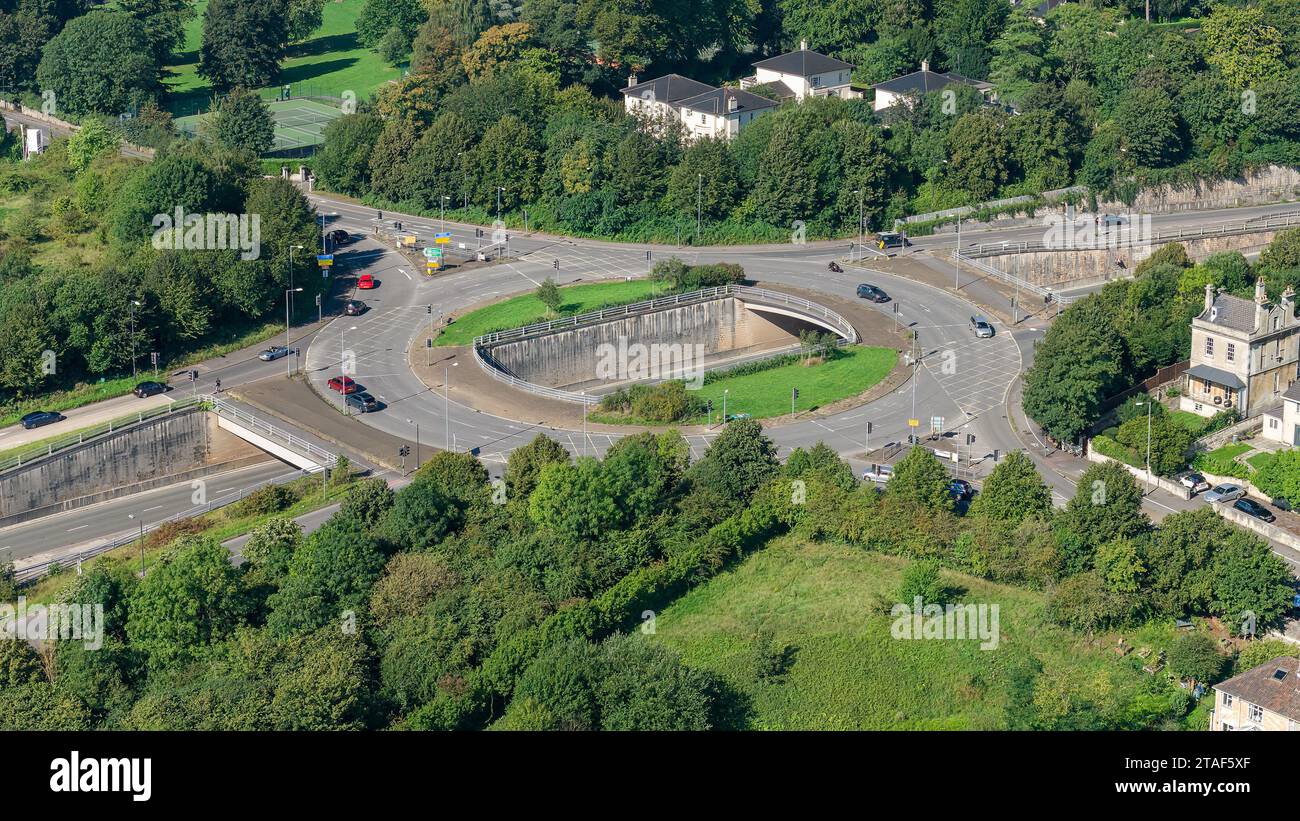 Aerial drone view over the A46 - A4 Roundabout leading into the City of ...