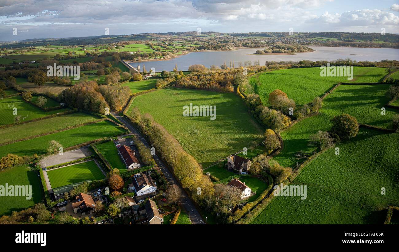 Aerial drone view over Wallycourt Road, Chew Stoke, with Chew Valley ...