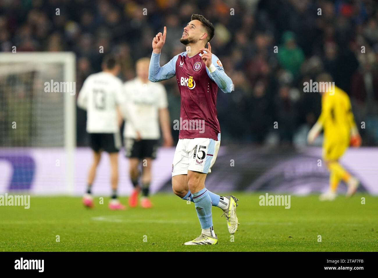 Aston Villa's Alex Moreno celebrates scoring their side's second goal ...