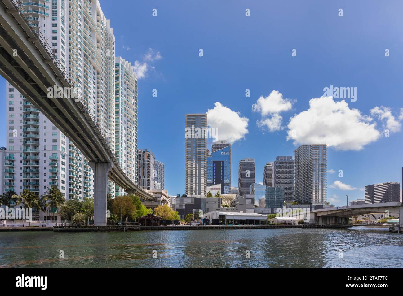 Metromover and Brickel skyline is seen from the Miami River, Miami ...