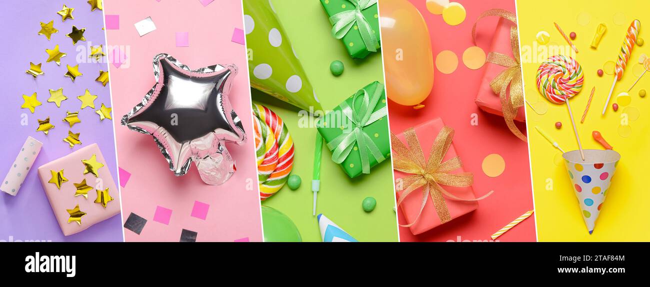 Birthday collage with decorations and sweets, top view Stock Photo - Alamy