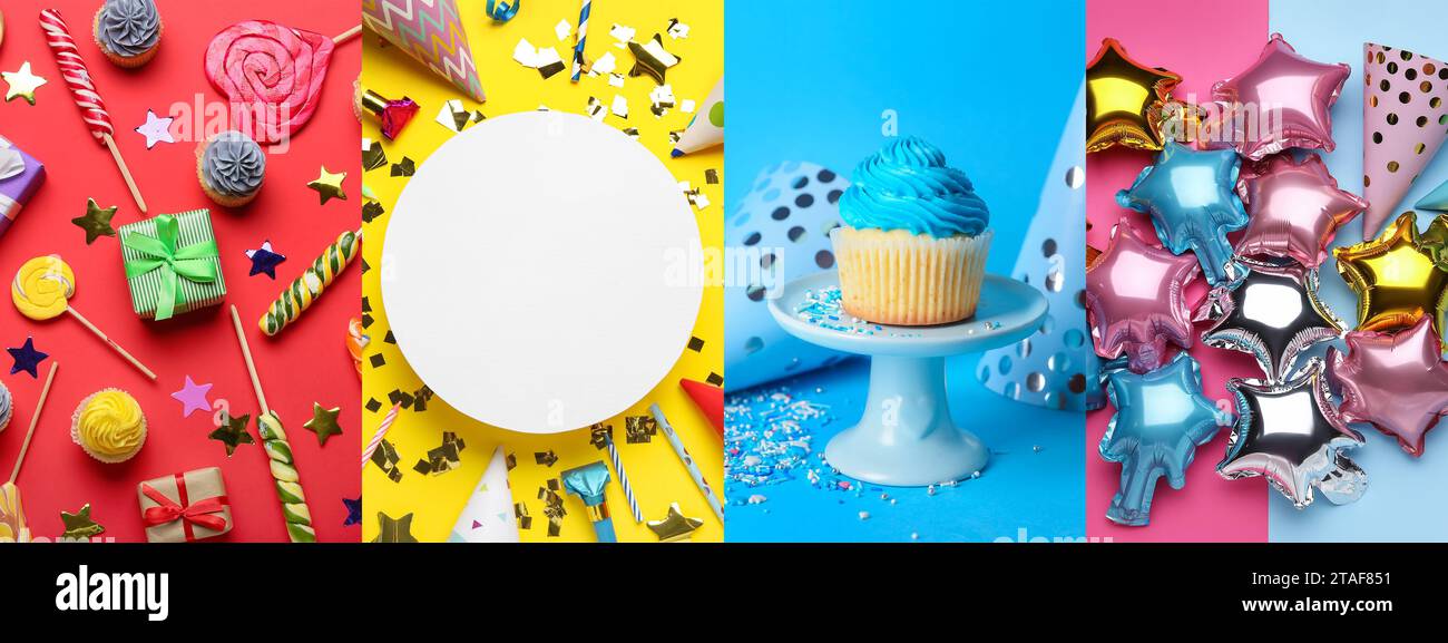 Birthday collage with decorations and sweets Stock Photo - Alamy