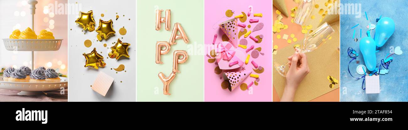 Birthday collage with decorations and sweets Stock Photo - Alamy