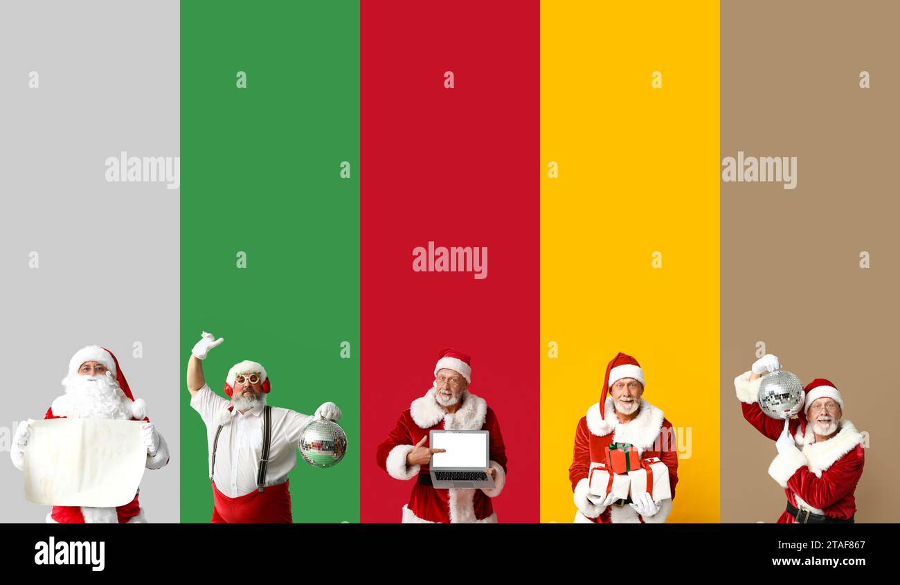 Set of different Santa Clauses on colorful background Stock Photo - Alamy