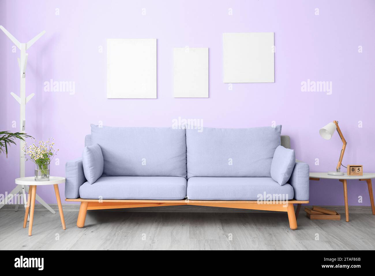 Interior of modern living room with comfortable lilac sofa Stock Photo ...